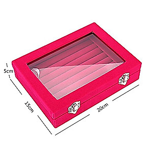 GSLSTGS Velvet Glass Jewelry Display Storage Box Ring Earrings Jewelry Box Ring Holder Case, 2 clasps (Red)
