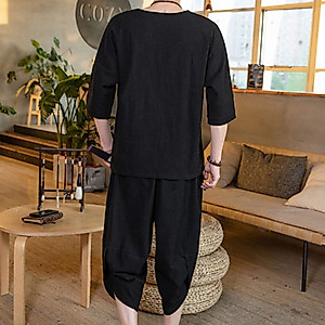 Mens 2 Pieces Big and Tall Summer Cotton Linen Set Short Sleeve Henley Shirt and Casual 3/4 Shorts Yoga Outfits with Pockets Black