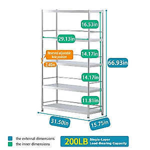 susunnus 5-Tier Stainless Steel Shelf, Heavy Duty Shelving for Kitchen, Garage, Industrial Storage, Kitchen Shelves with Guardrails, Adjustable Feet, Easy to Clean