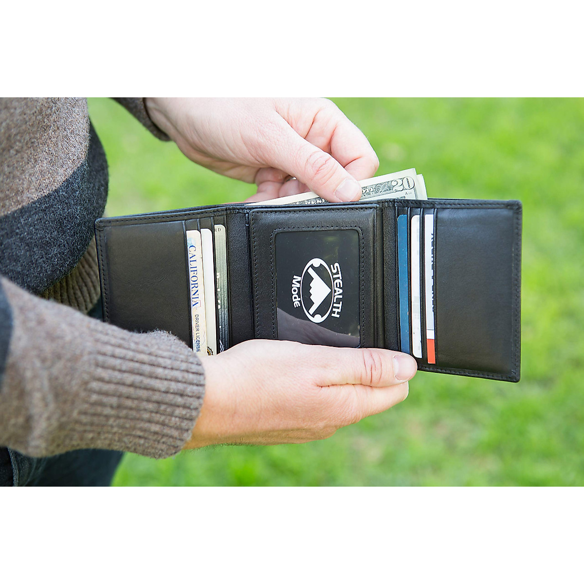 Stealth Mode Leather Trifold RFID Wallet For Men With Flip Out ID Holder