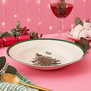 Spode Christmas Tree 9" Soup Plate (Set of 4) - Stoneware Soup Bowls with Festive Tree Design & Green Rim, Ideal for Serving Soup, Pasta, Salad - Microwave & Dishwasher Safe Holiday Dinnerware
