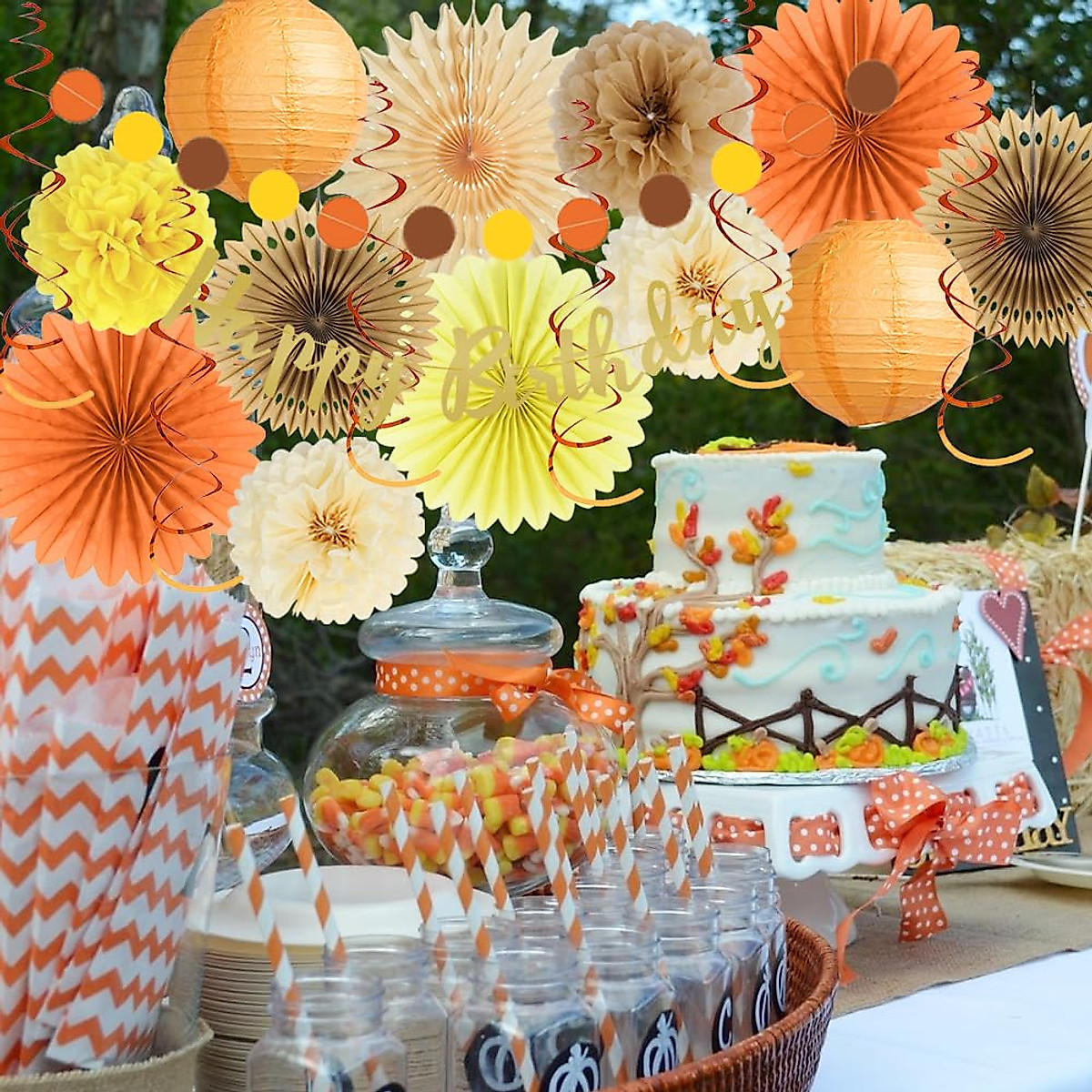 Fall Birthday Decorations Girl Rustic Nature Autumn Birthday Party Decorations Paper Fans Brown Orange Cream Tissue Pom Poms Lanterns with Happy Birthday Banner Gold Paper Circle Garland for Women