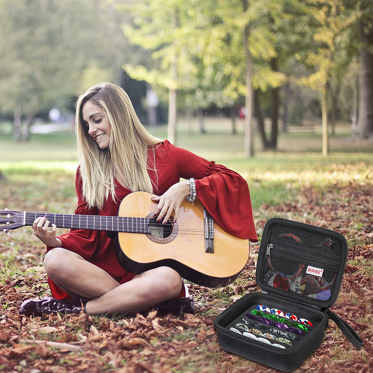 BOVKE Guitar Picks Holder Case for Fender, ChromaCast, D'Addario, JIM DUNLOP, Bolopick, MUSICAL INSTRUMENT All Size Guitar Picks, Mesh Pocket for String Winder, Bridge Pins, Black (Case Only)