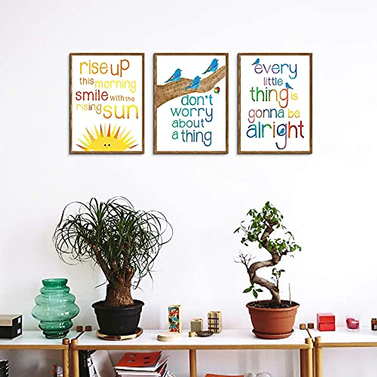 SEOLLX Watercolor Birds Inspirational Quote Art Print，Three little Birds Wall Art Set of 3（ 8 x10 ）Posters Don't Worry, Every Little Thing is Gonna be Alright,Motivational Typography Saying with Birds Canvas Wall Art Printing for Office Classroom Decor