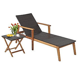 HAPPYGRILL Patio Lounge Chair with Folding Side Table Set, 4-Position Adjustable Recliner with Fully Flat Position, Outdoor PE Wicker Chaise Lounge with Acacia Wood Frame
