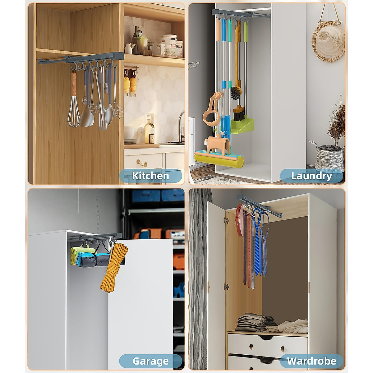 PrimZooty Pull Out Broom Holder, Multifunctional Slide Broom And Mop Storage/Organizer With Adjustable Double Row Sliding Hook, Garage Organization Hooks, for Closet Laundry Garage Kitchen - Dark grey