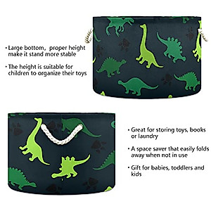 Kigai Green Camo Dinosaur Storage Basket, Collapsible Round Toy Storage Bin, Decorative Laundry Hamper with Handles, Large Organizer Bins