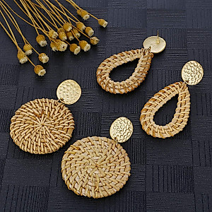 AIDSOTOU Rattan Earrings for Women Lightweight Geometric Statement Earrings Handmade Straw Wicker Braid Teardrop Hoop Drop Dangle Earrings 4 Pairs (Style-4)