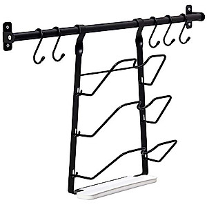 EZOWare Hanging Pot Lid Organizer Holder Rack with Drainboard Set, Includes 23.6 inch Kitchen Wall Mounted Rail Rod with 5 S Hooks for Utensils Pots Pans Lids - Black