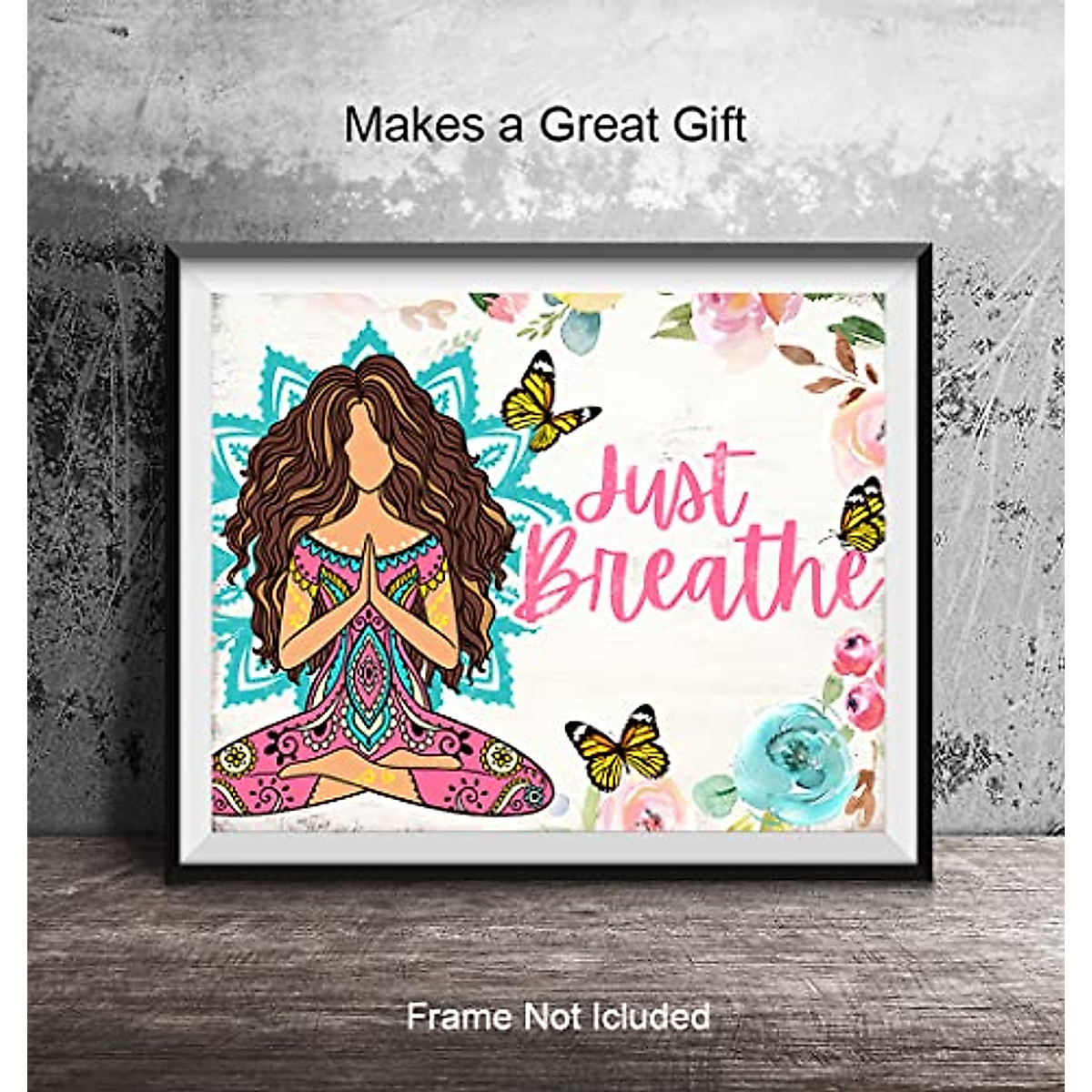 Just Breathe Wall Art - Boho-chic Wall Art for Women - Hippie Zen Wall Art - Positive Spiritual Inspirational New Age Gift - Spa Decor - Shabby chic Namaste Yoga Wall Art Picture Print UNFRAMED 8x10