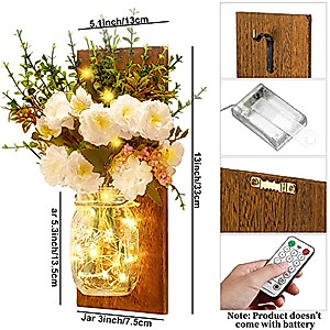 Treela 4 Packs Mason Jar Sconces Wall Decor Rustic Wall Sconces with Remote Control LED Fairy Lights and White Peony Handmade Hanging Mason Jars for Farmhouse Kitchen Living Room Decorations
