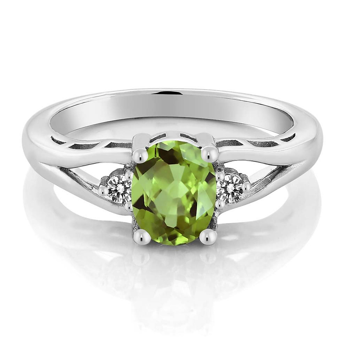 Gem Stone King 925 Sterling Silver Green Peridot and White Topaz 3 Stone Ring For Women | 1.50 Cttw | Gemstone Birthstone | Oval 8X6MM | Available In Size 5,6,7,8,9