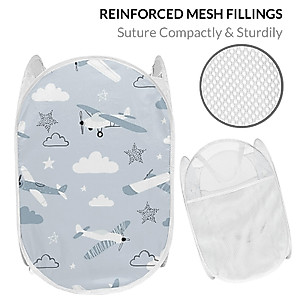 Airplane Blue Laundry Basket Hamper,Collapsible Mesh Baskets for Kids Room,Clothes, Nursery Decor