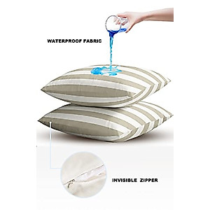 Beige Geometry Stripe Farm House Outdoor Throw Pillow Covers Cases for Patio Furniture Set of 2, Rustic Contemporary Waterproof Decorative Lumbar Pillowcases for Couch Garden Tent Balcony 20x20 Inch