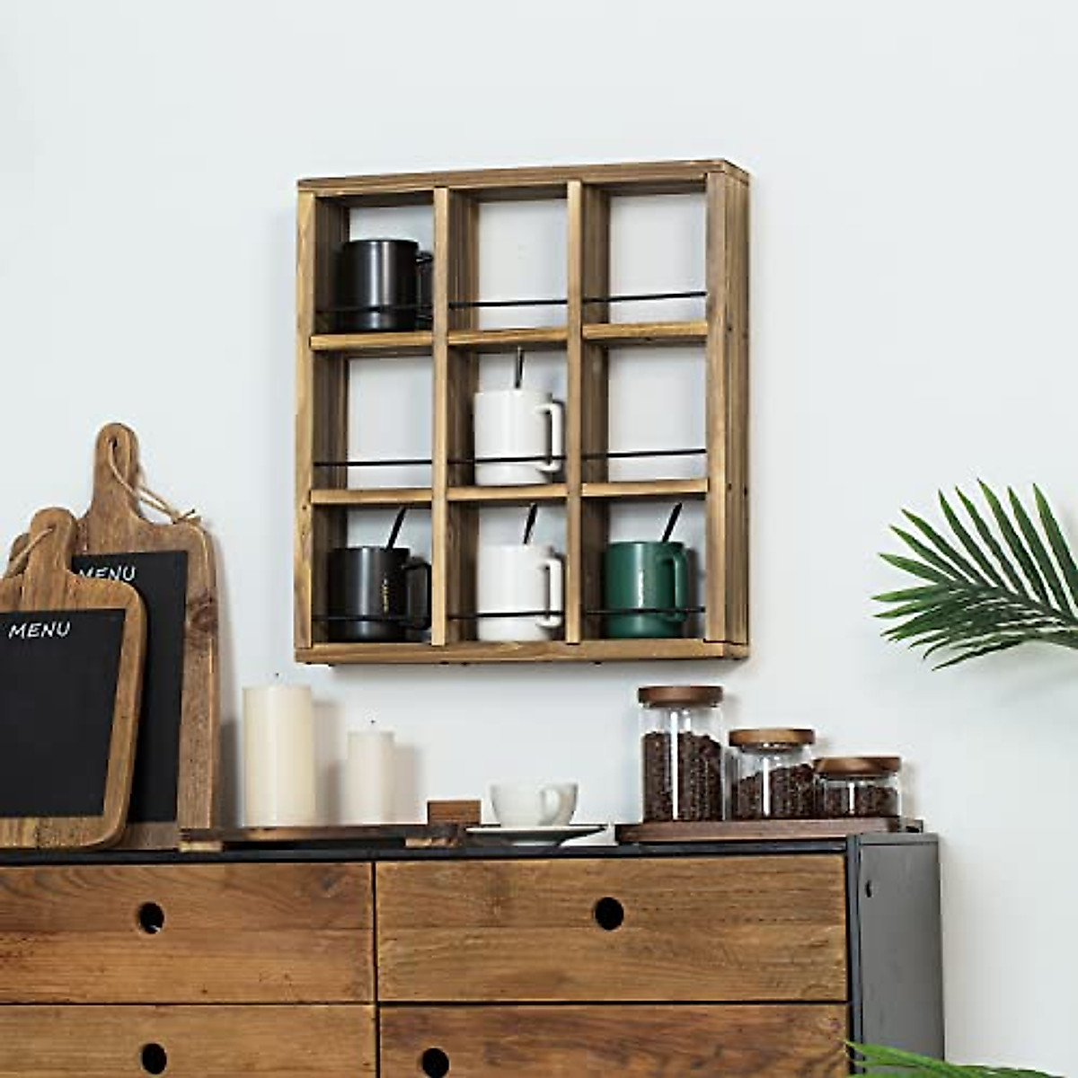 MyGift Wall Mounted Coffee Mug Display Rack, Rustic Burnt Wood Collectible Travel Mug Cup Holder Shadow Box Shelf