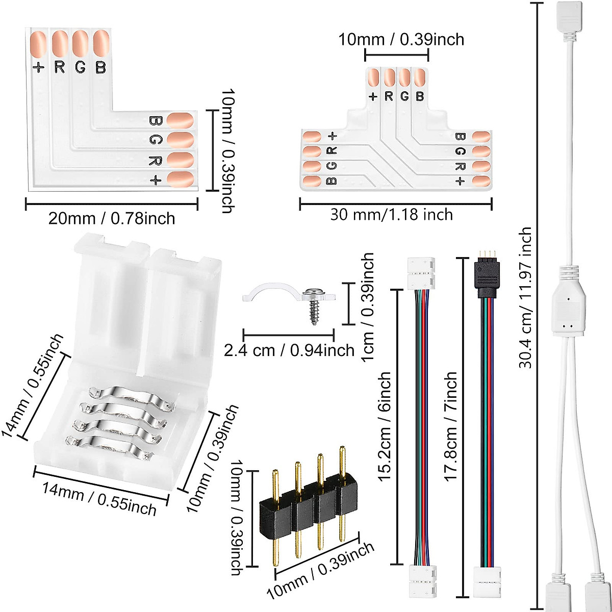 5050 4 Pin RGB 10mm LED Strip Connector Kit RGB Extension Cable, LED Strip Jumper, 2 Way RGB Splitter Cable, L Connectors, T Connector, Gapless Connectors, 4 Pin Male Connector, LED Strip Clips