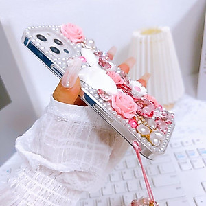 redecarie for Samsung Galaxy S9 Plus Diamond Case,Bling Glitter Luxury Crystal Rhinestone Cute Bow Flowers Pearl 3D Handmade Protective Phone Cover for Women Girls Kids with Bracelet Lanyard