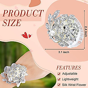MTLEE 2 Pieces Rhinestone Wrist Corsage Wristlet Bracelet Silk Wrist Flower with Peal and Diamond for Wedding Bridesmaid Bridal Shower Prom Party(Silver Ivory)