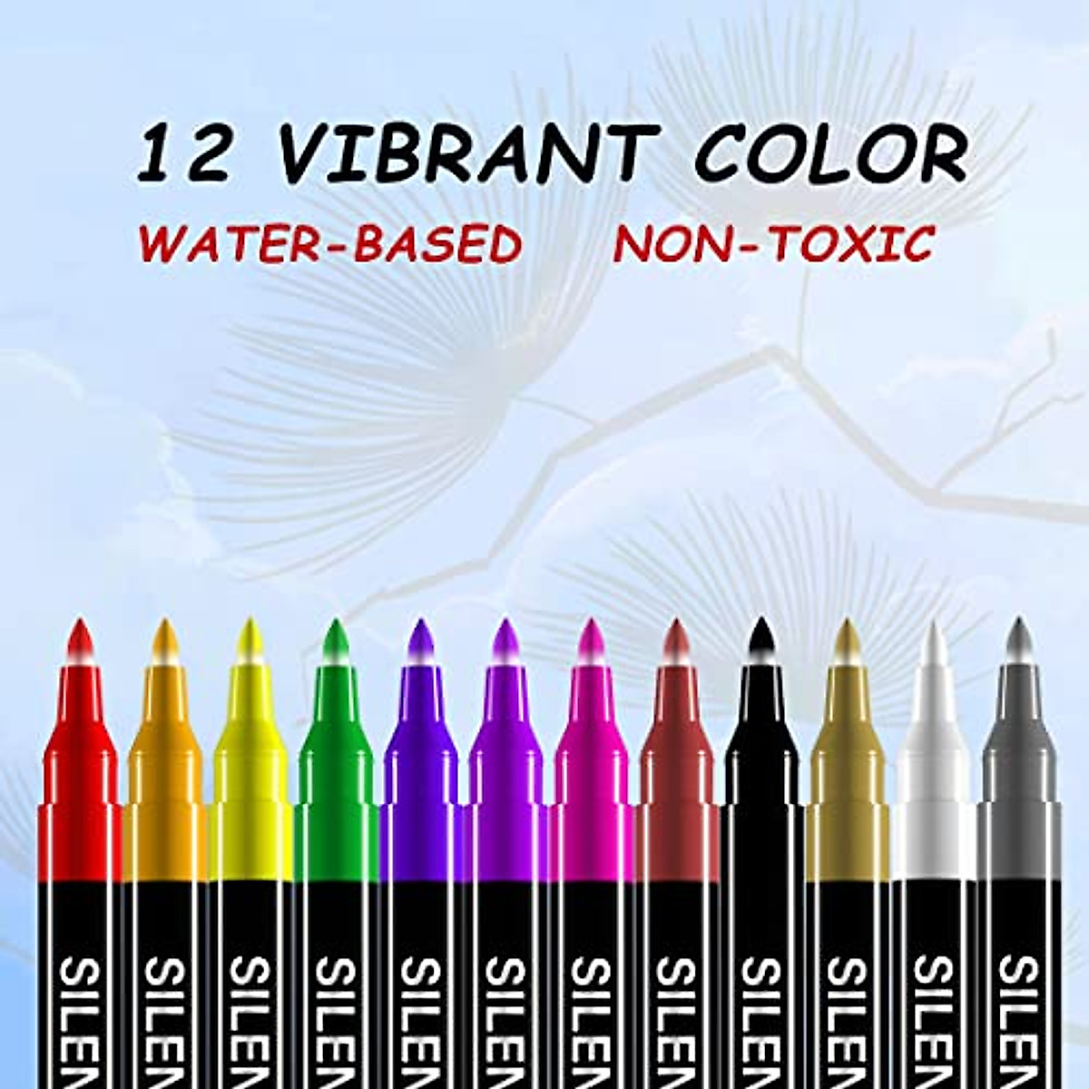 SILENART Paint Pens for Rocks. Acrylic Paint Pens Paint Markers for Wood, Canvas, Mentol, Plastic, Glass, Fabric. Set of 12 Paint Markers Fine Tip, Including Portable Bag