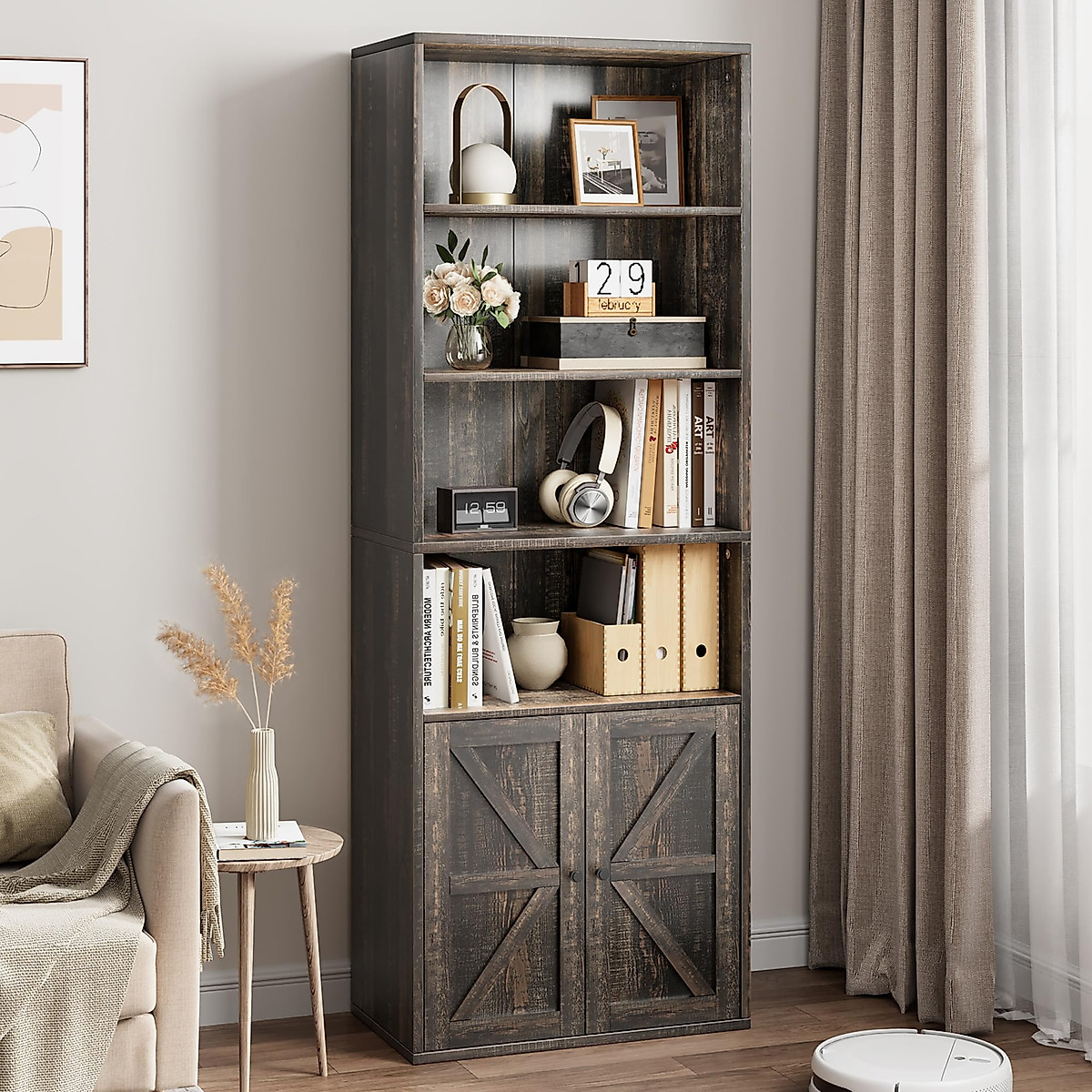 GAOMON Bookcase with Doors Farmhouse Bookshelf 11.8in Depth Wooden Display Storage Shelves 71.4in Tall Bookcases Industrial 6 Shelf Grey Bookshelves for Bedroom, Living Room, Home Office