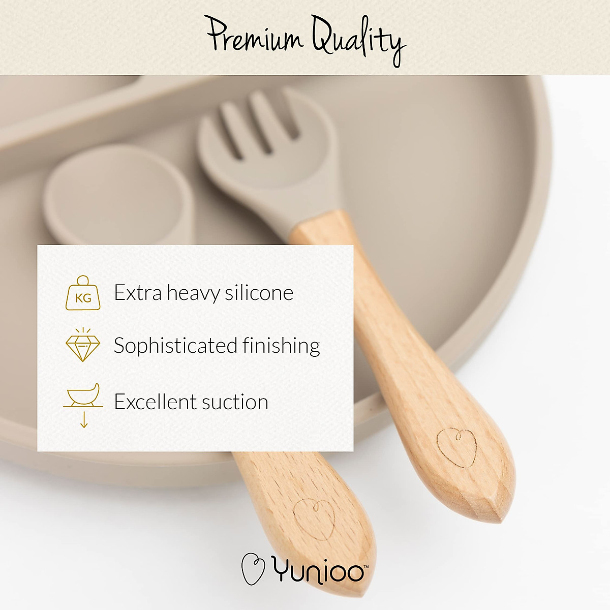Yunioo Extra Heavy Silicone Baby Feeding Set Essentials, Premium 9-Piece Set of Baby Led Weaning Supplies with Silicone Baby Plate with Lid, Superior Suction Bowl and Baby Utensils - Beige