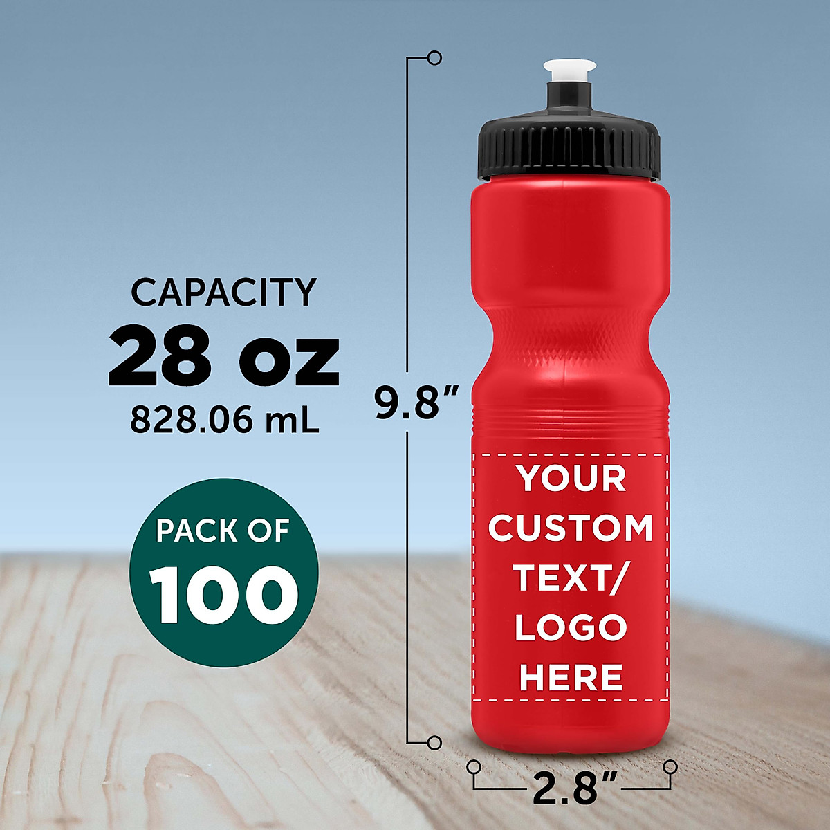 DISCOUNT PROMOS 28 oz. Custom Push Cap Plastic Water Bottles Set of 100, Personalized Bulk Pack - Perfect for Gym, Hiking, Camping, Outdoor Sports -Red