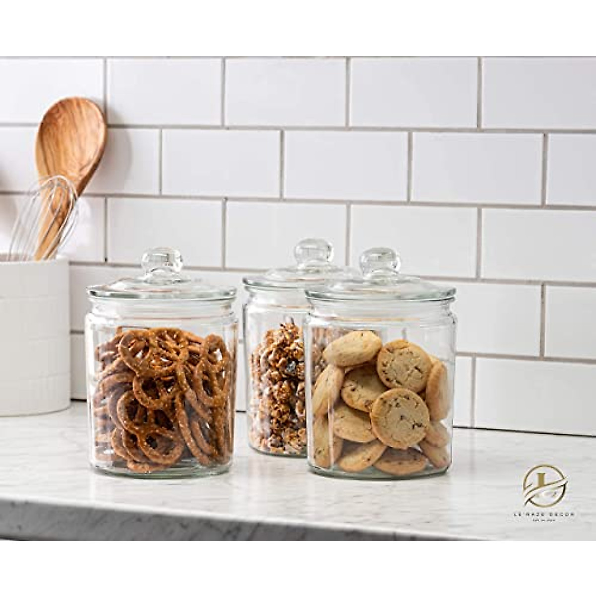 3pc Canister Sets for Kitchen Counter + Labels & Marker - Glass Cookie Jars with Airtight Lids - Food Storage Containers with Lids Airtight for Pantry - Flour, Sugar, Coffee, Cookies, etc.