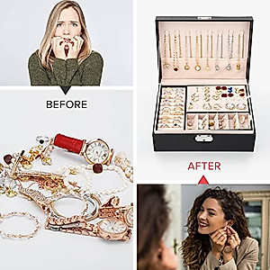 GOLVER Two Layer Jewelry Organizer for Women Girls Jewelry Box for Earring Necklaces Watch Ring Bracelet With An Extra Small Jewelry Case for Travel Black (2 Pack)