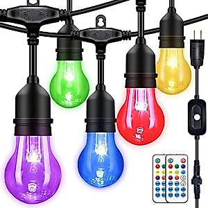 IPStank 96FT Outdoor Patio Lights Color Changing, RGB LED String Lights with 32 E26 Shatterproof Edison Bulbs, Dimmable Patio String Lights for Backyard Garden, 2 Remote Controllers