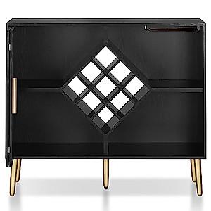 24/7 Shop at Home Danforth Modern 48 in. Wood 4 Shelves Buffet, Sideboard with Bifold-Door, Wine Bottle Holder, Stemware Rack for Dining Room, Kitchen, Black