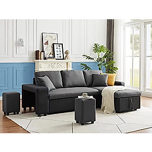 ARINAL 92.5" Linen Reversible Sleeper Sectional Sofa with Storage and 2 stools Steel Gray