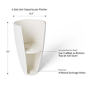 LA Jolie Muse 20 Inch Tall White Planters,Set of 2 Indoor/Outdoor Tall Planters with Shelf Insert and Trays,Modern Large Flower Pot for Front Front Door, Patio and Deck