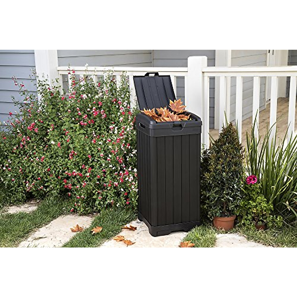Keter Baltimore 38 Gallon Trash Can with Lid and Drip Tray for Easy Cleaning-Perfect for Patios, Kitchens, and Outdoor Entertaining, 38 Gallons, Black