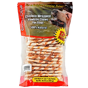 Canine Chews 5" Chicken Twist Sticks - Pack of 125 U.S.A. Sourced Chicken Wrapped Rawhide Dog Treats - Grain-Free & All-Natural Chicken Sticks for Dogs - Protein-Dense Chicken Wrapped Dog Treats
