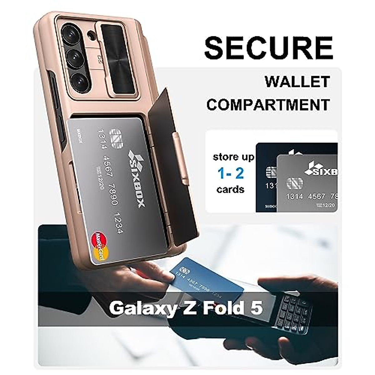 SIXBOX for Galaxy Z Fold 5 Case with Card Holder & Screen Protector & S Pen Holder & Slide Camera Cover & Hinge Protection, Shockproof Wallet Phone Case for Samsung Z Fold 5 2023, Rose Gold