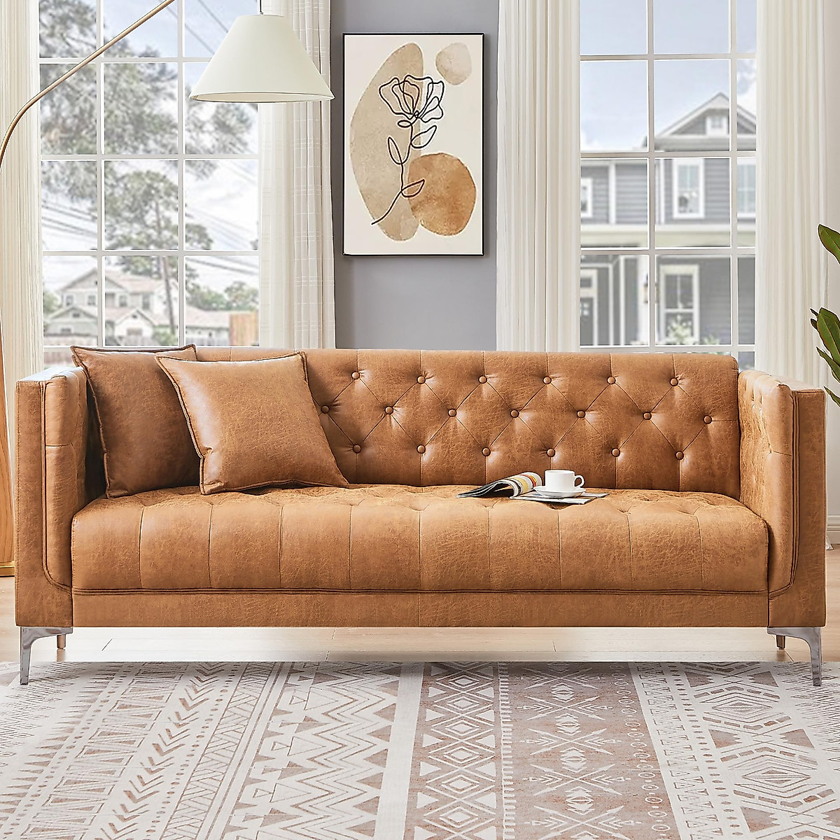 HIFIT 2 Piece Sofa Set for Living Room, Modern Sofas Couches with 2 Pillows, Button Tufted Couch with Extra Deep Seats, 3 Seat Sofa for Apartment Lounge, Brown