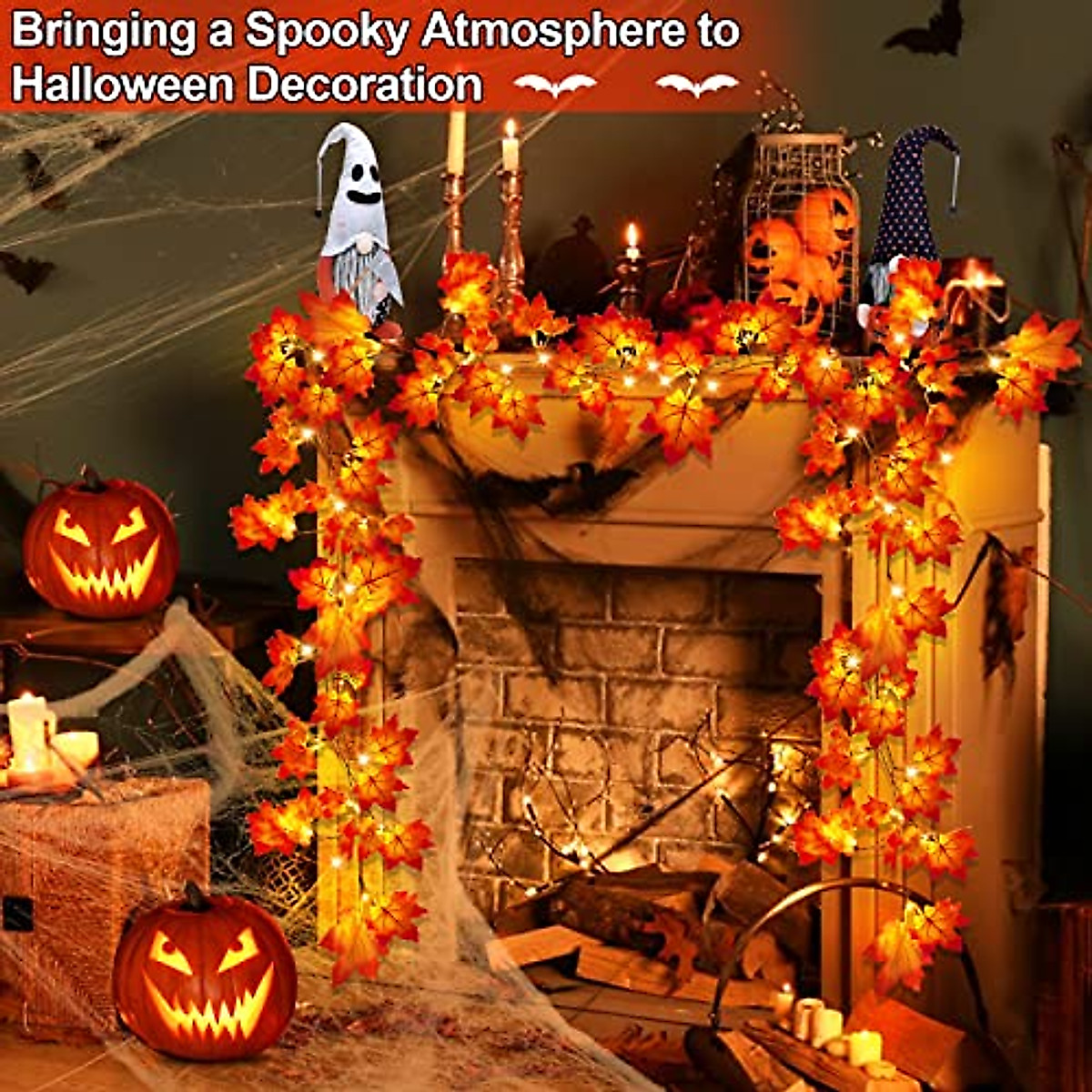 [ Timer & Thicker Leaves ] 3 Pack Fall Garland Lights Fall Decoration Home Total 120 Leaves 60LED 30Ft Waterproof Battery Powered Two Leaves Paired with each Bright LED Halloween Thanksgiving Decor