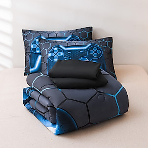 NTBED Game Console Comforter Set for Boys Kids Teens,5 Pieces Gaming Geometric Bed in a Bag,Lightweight Microfiber Gamer Bedding Comforter with Sheet (Blue, Twin)