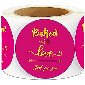 Thank You Baked with Love Stickers Labels, 2 Inch Round Pink Just for You Lables for Cookie Cupcake,Baked Goods Packaging and Wrapping,Homemade Bakery Bread Bags(500pcs/roll)