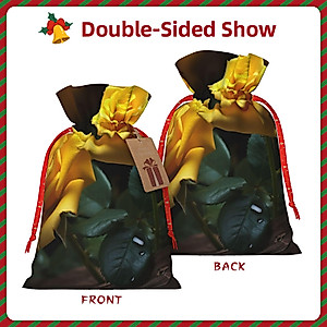 RLDOBOFE Christmas Gift Bags With Drawstring Beautiful yellow roses Christmas Burlap Gift Bag Christmas Drawstring Bag for Halloween Xmas Candy Bags Reusable Xmas Present Bags for Party Decorations