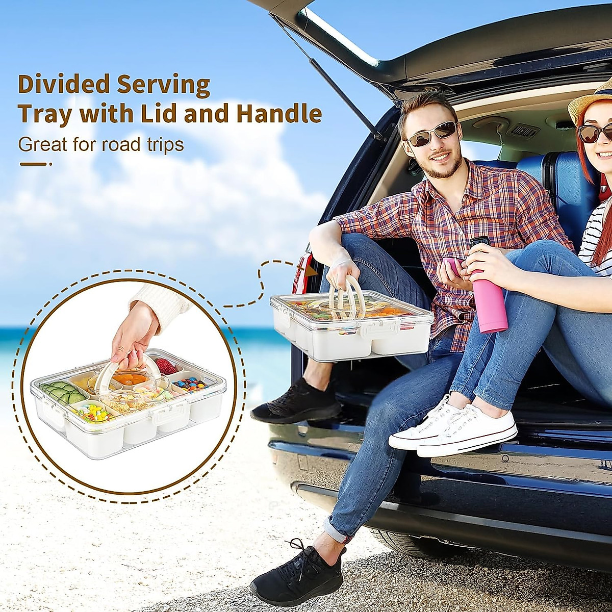 Plastic Divided Serving Tray with Lid and Handle Snack Box Charcuterie Container Portable Snack Platters Organizer for Candy, Fruits, Snacks, Nuts, for Party, Entertaining, Picnic (8 compartments)