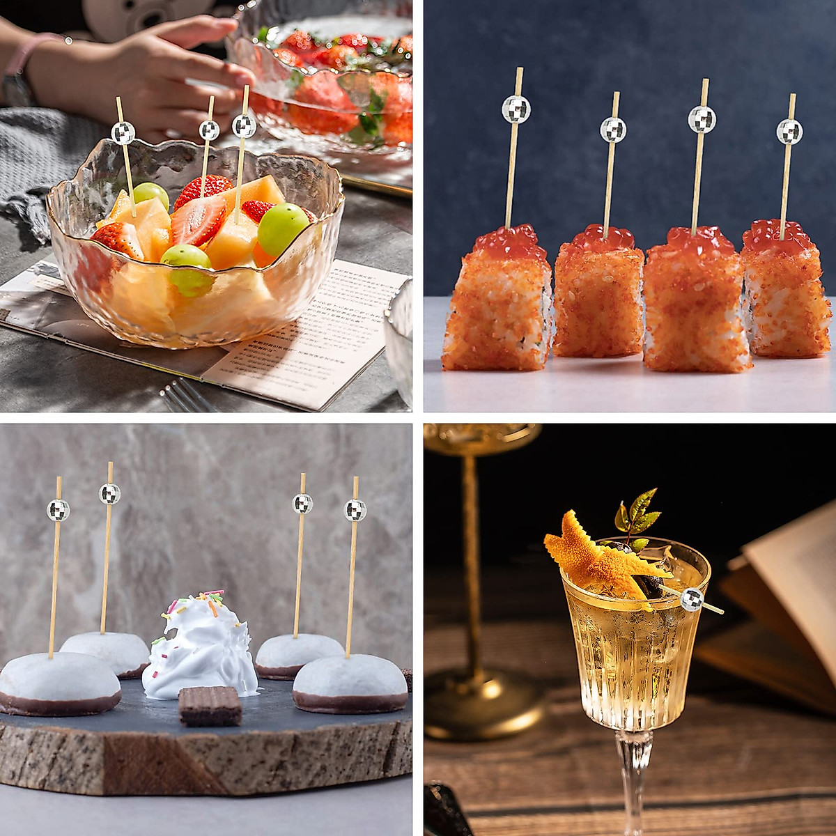 DecorWoo 100 Pcs Cocktail Picks, Disco Ball Decorative Toothpicks for Appetizers, Silver Cocktail Skewers for Appetizers, Wooden Long Cocktail Picks Disco Theme for Party Supplies (4.7 Inch, Silver)