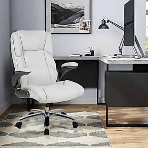 Office Chair, Comfortable Office Chair with Flip-Up Arm, High Back Office Chair with 400LBS Load -Bearing Capacity, Comfy Office Chair for Heavy People, Big and Tall Office Chair, White, Faux Leather