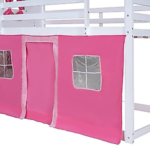 BOVZA Twin Over Twin House Bunk Bed with Tent, Kids Bunk Bed with Roof Elegant Windows and Sills, Wood Playhouse Tent Loft Bed Frame for Teens Boys Girls, Pink+White