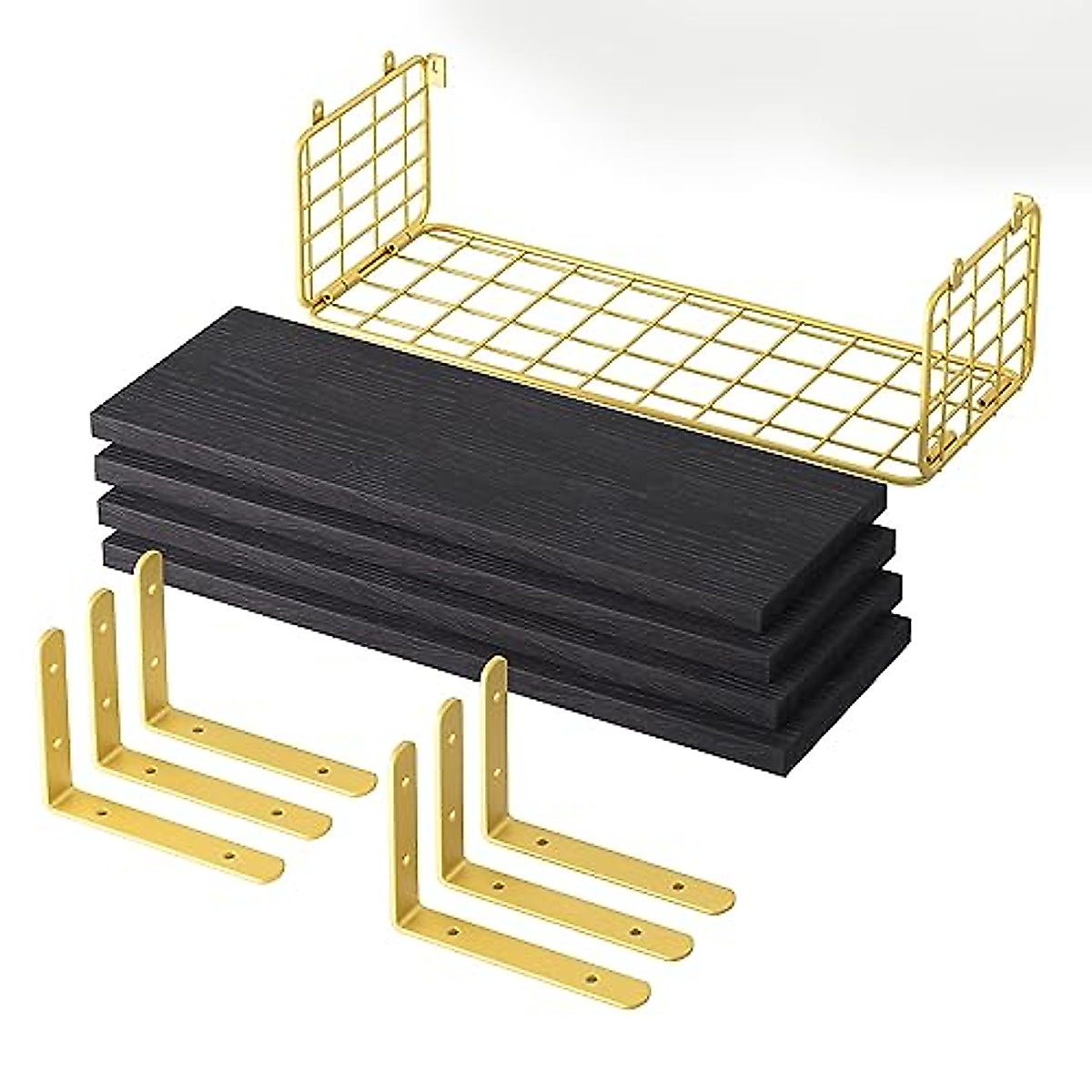 Fixwal 4+1 Tier Floating Shelves Rustic Wood Wall Mounted Shelf, Bathroom Shelves Over Toilet with Wire Storage Basket, Farmhouse Wall Decor for Bedroom, Kitchen, Living Room and Plants (Black Gold)