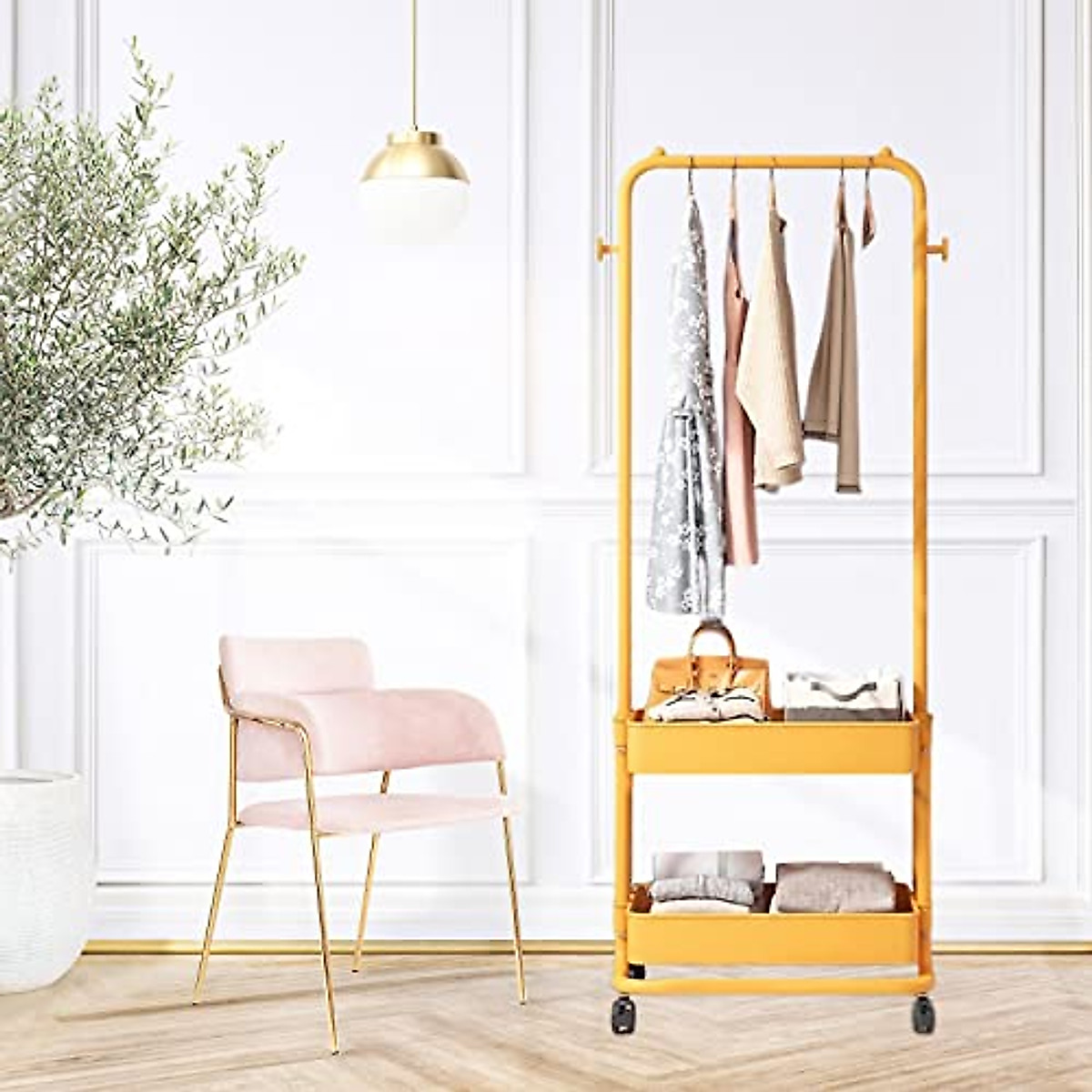 Milageto Multipurpose Clothing Rack with Wheels Rolling Clothes Organizer Small Wardrobe Rack on Wheels Garment Rack for Bedroom Laundry Room Home, Yellow