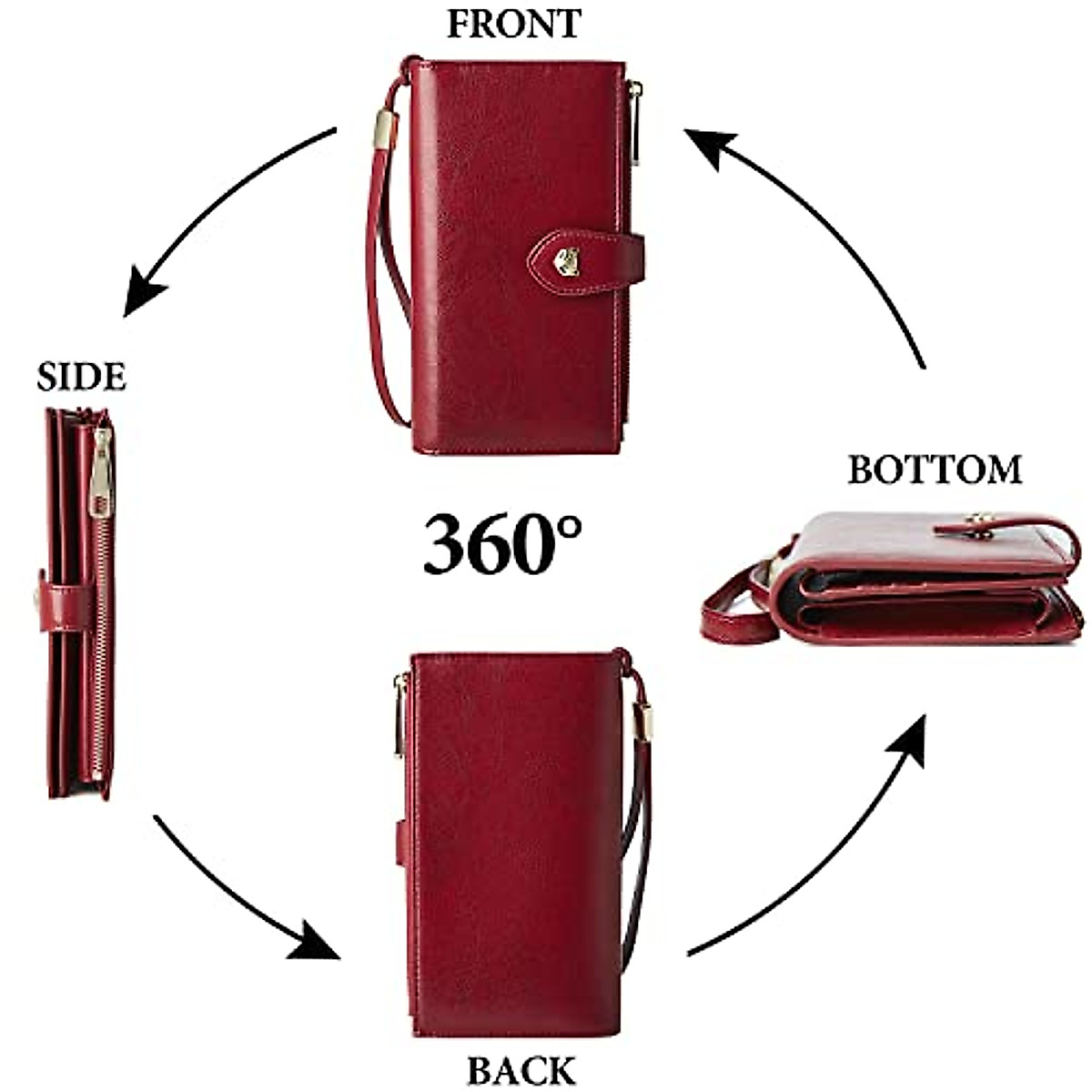 FOXLOVER Large Capacity Clutch Wallet For Women RFID Blocking Waxed Leather Multi Card Holder Organizer (Wine Red)