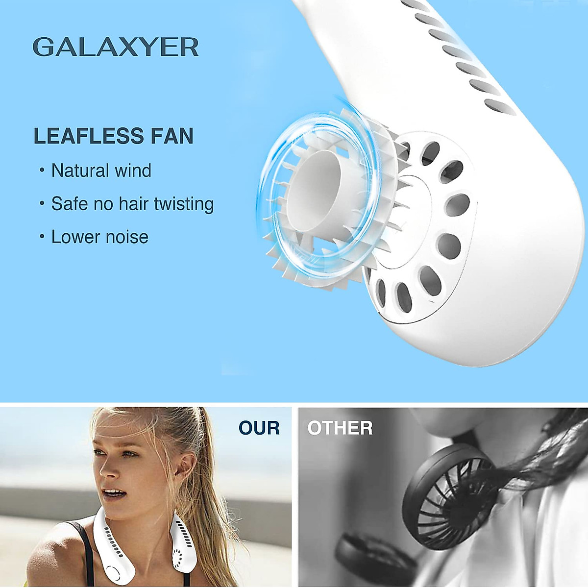 GALAXYER Neck Fan with Screen Display and 5 Speeds Levels, USB Rechargeable Bladeless Cooling Fan, Quiet Neck Cooler Personal Hanging Fan for Indoor Outdoor Travel Sports
