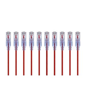 Monoprice Cat6A 2ft Red 10-Pk Patch Cable UTP 30AWG 10G Pure Bare Copper Snagless RJ45 SlimRun Series Ethernet Cable
