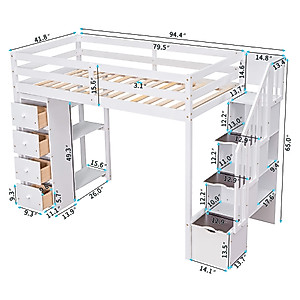 BIADNBZ Wooden Twin Size Loft Bed with Stairs, Drawers and Shelves, Multifunctional Storage LoftBed Frame for Kids Teens Adults Bedroom, White